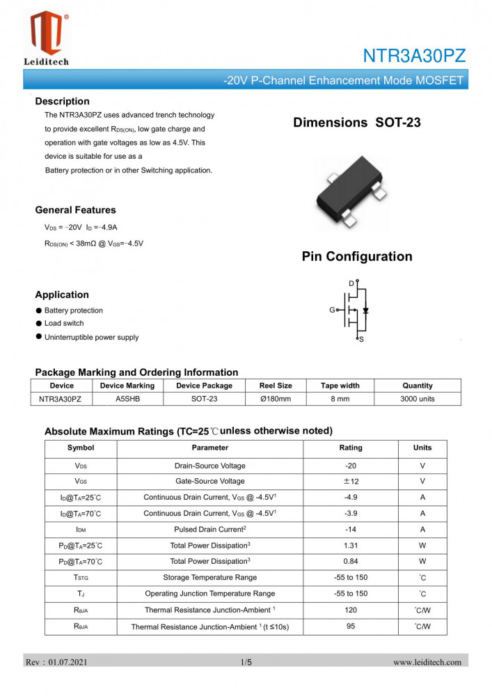 NTR3A30PZ datasheet page 1