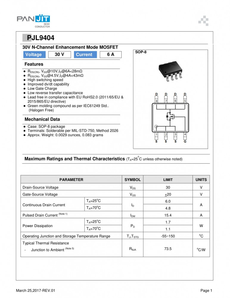 PJL9404 datasheet page 1