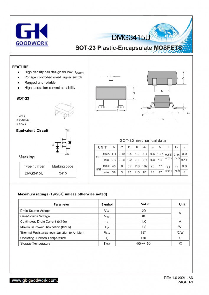 DMG3415U datasheet page 1