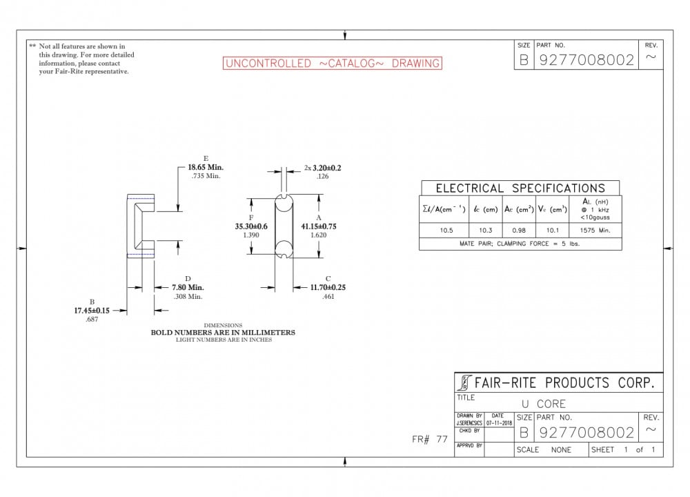 Fair-Rite 9277008002 Title U Core drawing