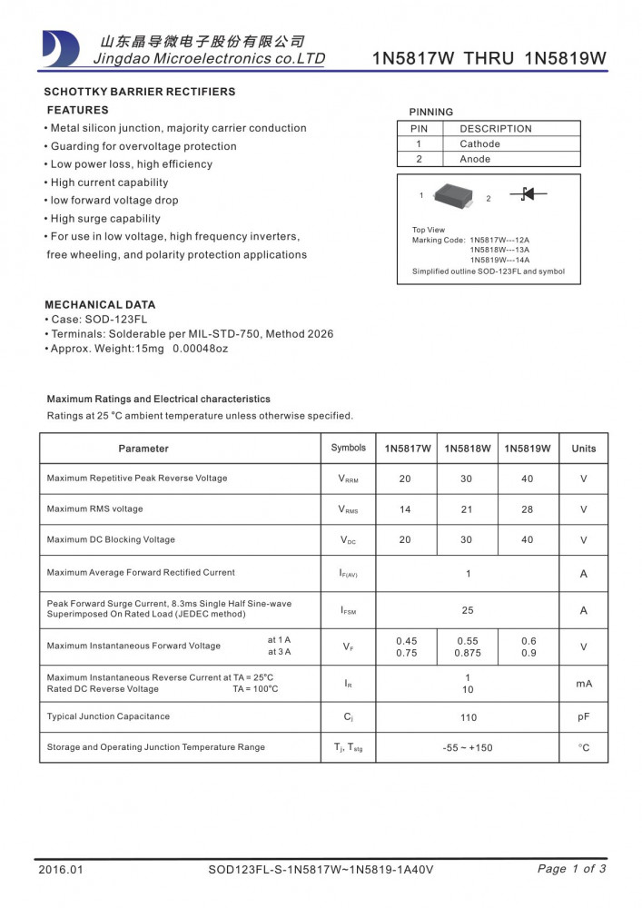1N5817W datasheet page 1