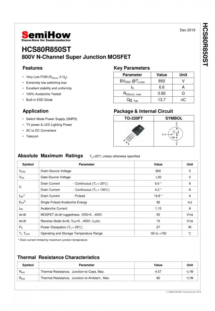 HCS80R850ST datasheet page 1