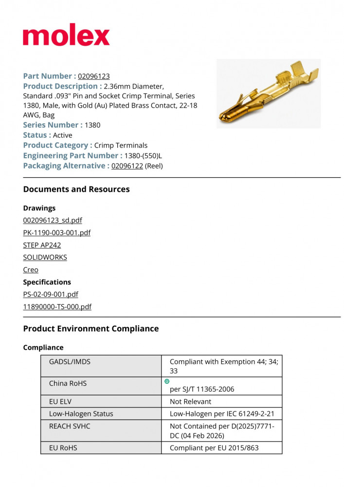 Molex .093 standard pin terminal documentation page 1