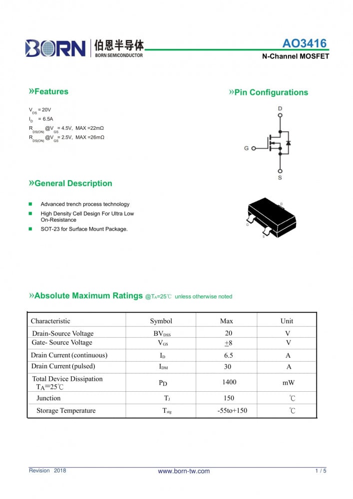 AO3416 datasheet page 1