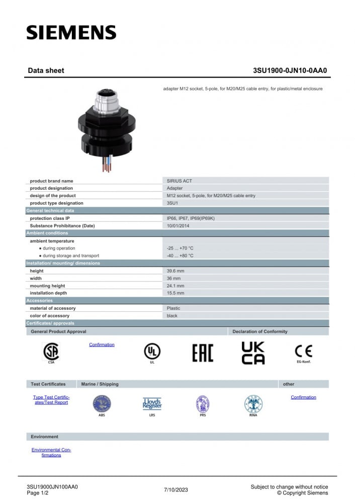 SIEMENS 3SU19000JN100AA0 technical document page 1