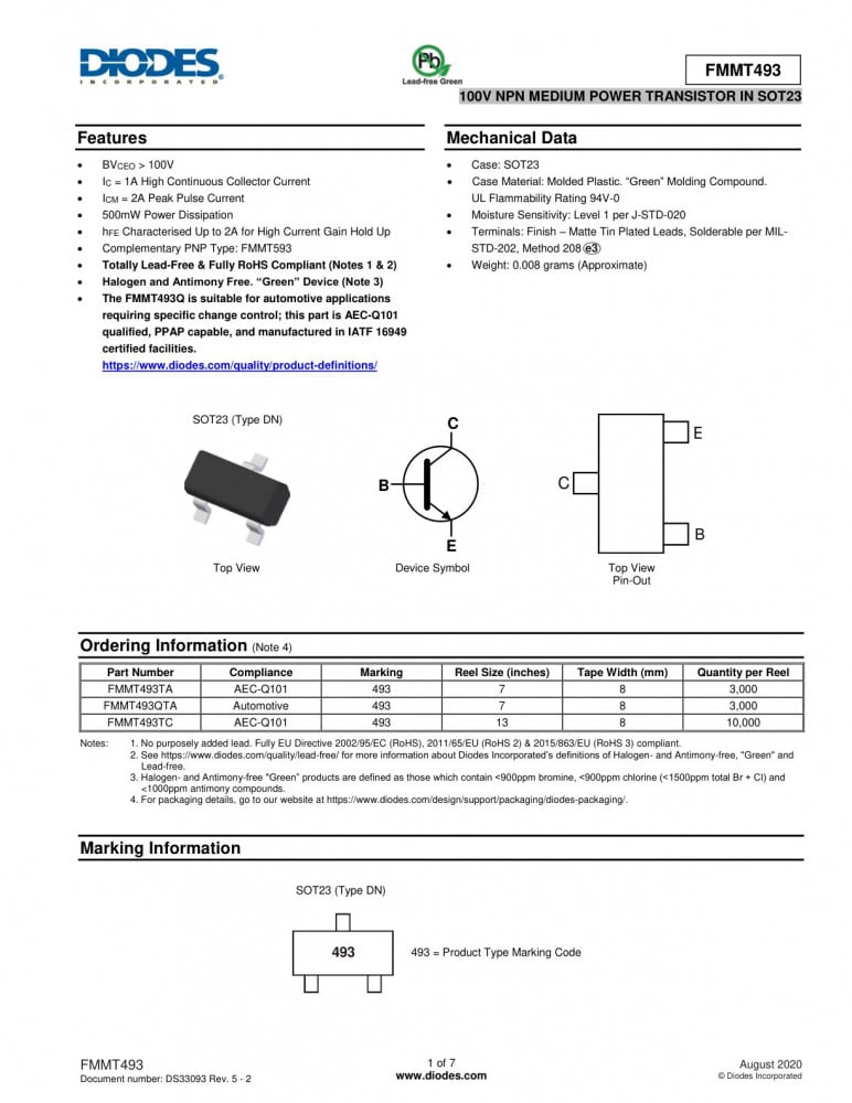 FMMT493TA datasheet page 1