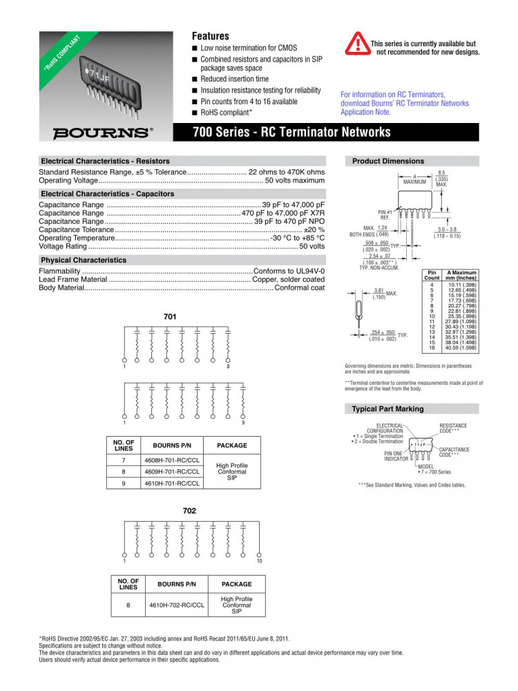 BOURNS 700 Series RC Terminator Networks technical document page 1