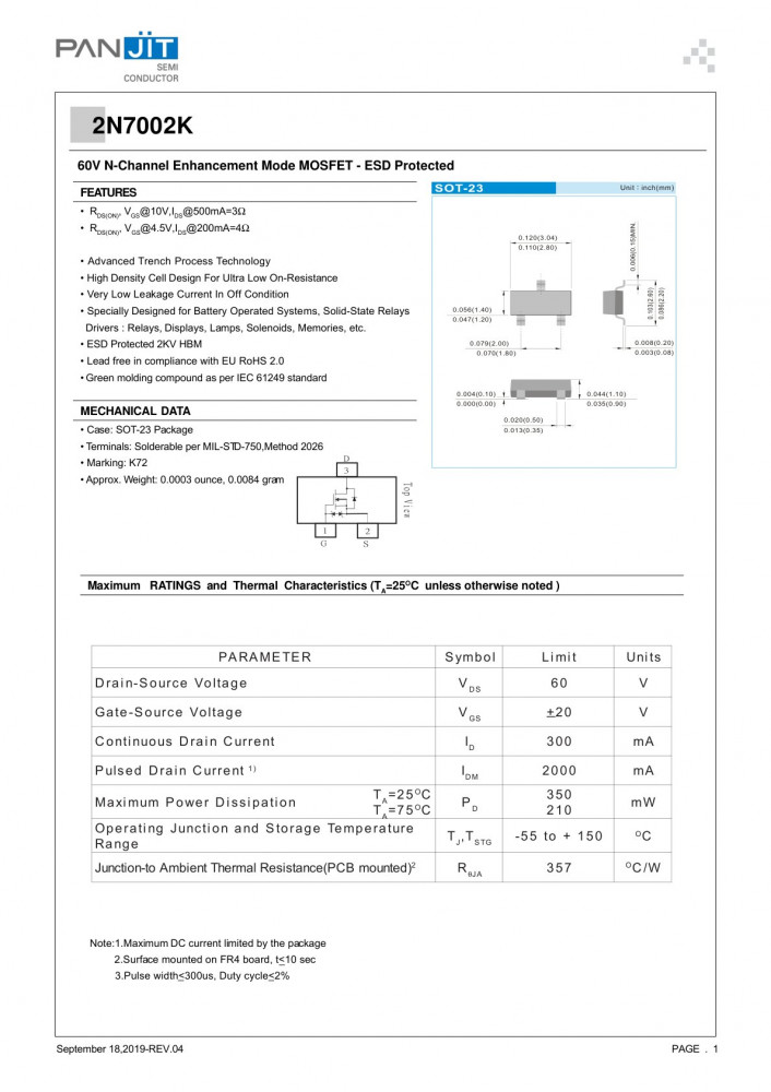 2N7002K datasheet page 1