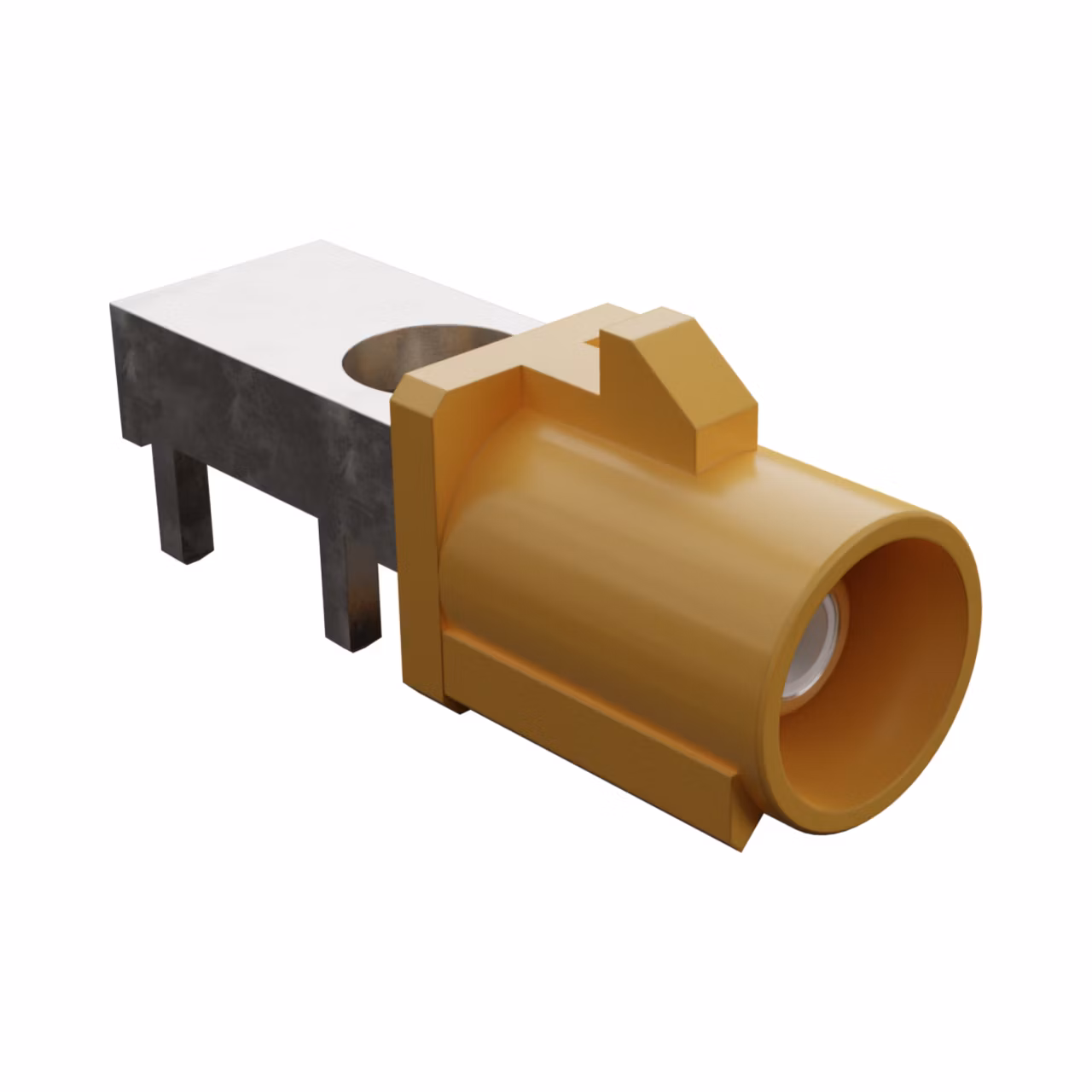 FAKRA Jack, Right-Angle, PCB Receptacle, Through Hole, Die Cast Body, Tin (Sn) Plated, Pin in Paste, Tape and Reel, Keying Code M, Pastel Orange, 50 Ohms for sale