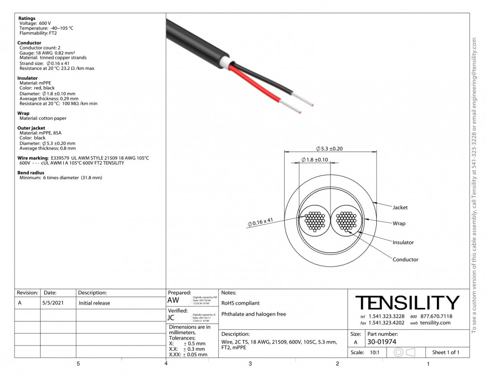 Tensility 30-01974 cable product specification drawing