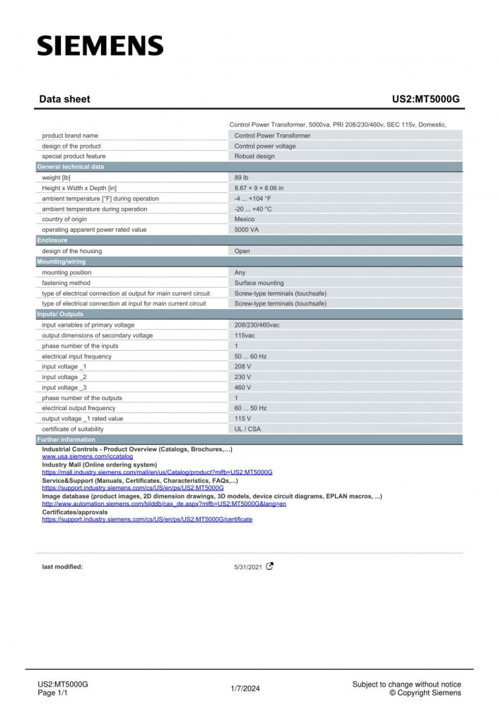 SIEMENS MT5000G technical document preview