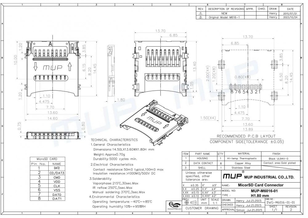 MUP M6016-01 MicroSD card connector technical document