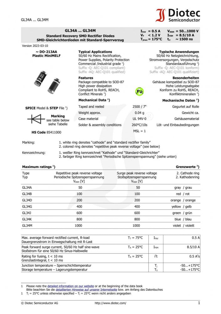DIOTEC GL34A datasheet page 1