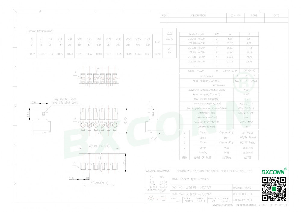 JCB381-HGCxP socket-type terminal block technical drawing page