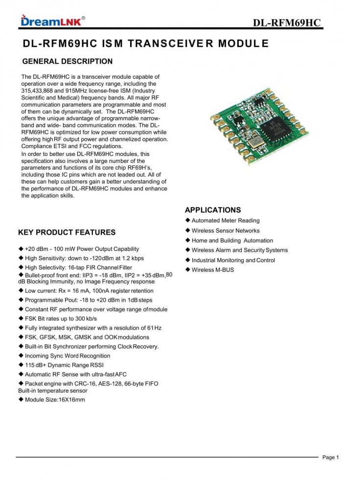 DL-RFM69HC datasheet page 1