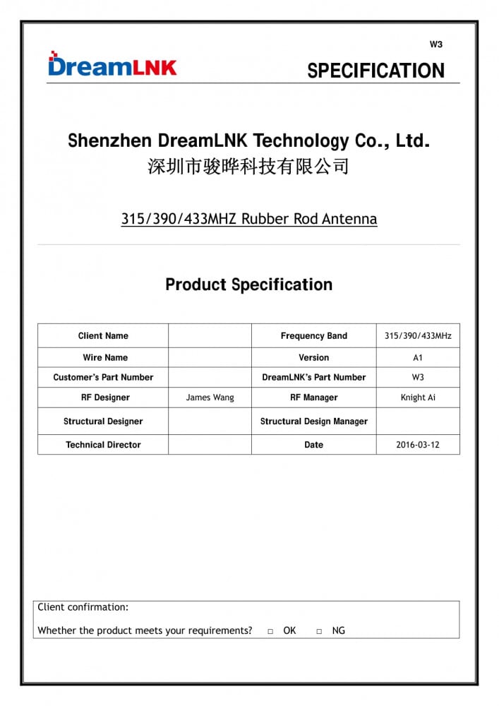 W3-390M specification document page 1