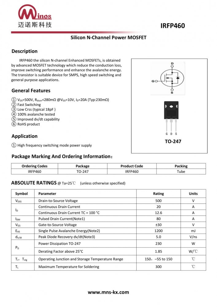 IRFP460 datasheet page 1