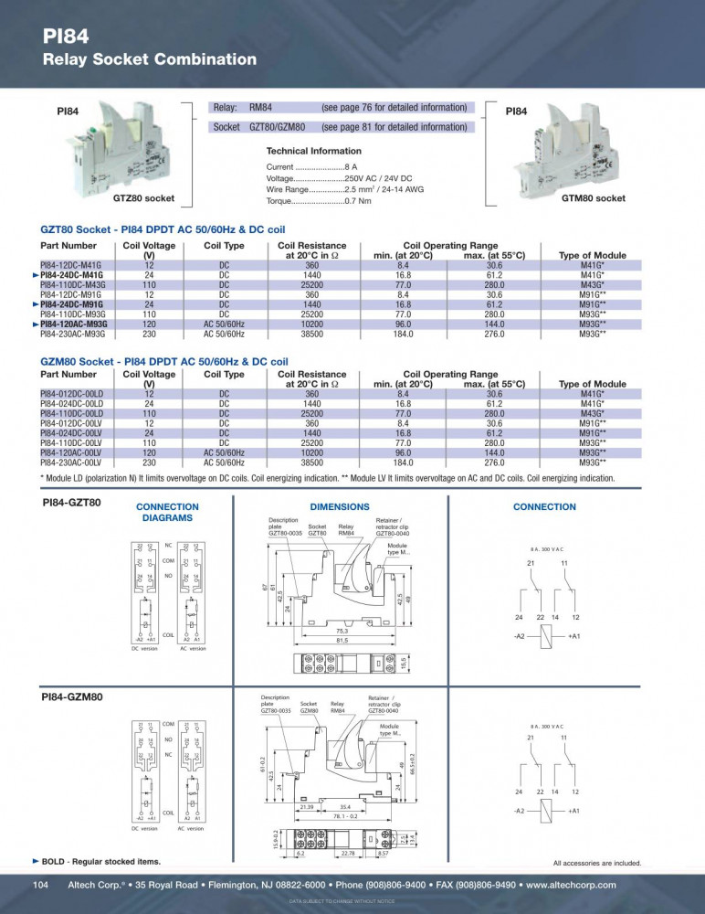 Altech PI85 relay socket combination technical document page