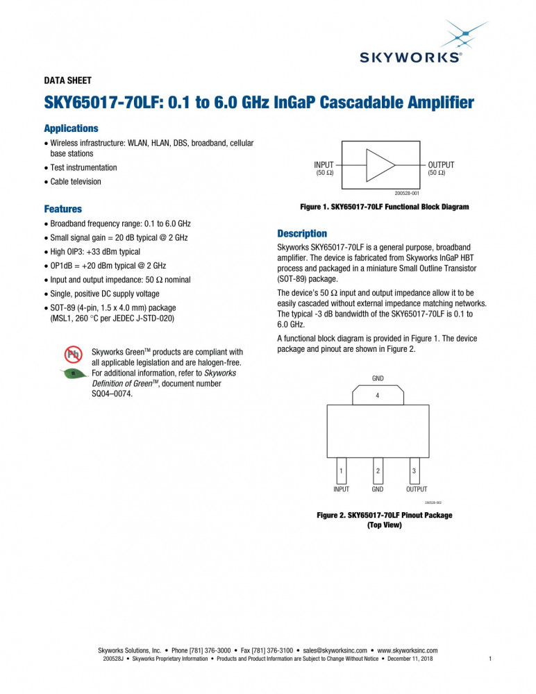 SKY65017-70LF datasheet page 1