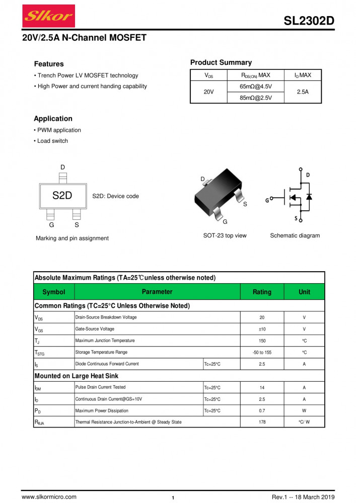 SL2302D datasheet page 1