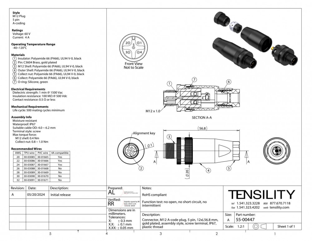 55-00447 M12 A-coded 5-pin plug product drawing