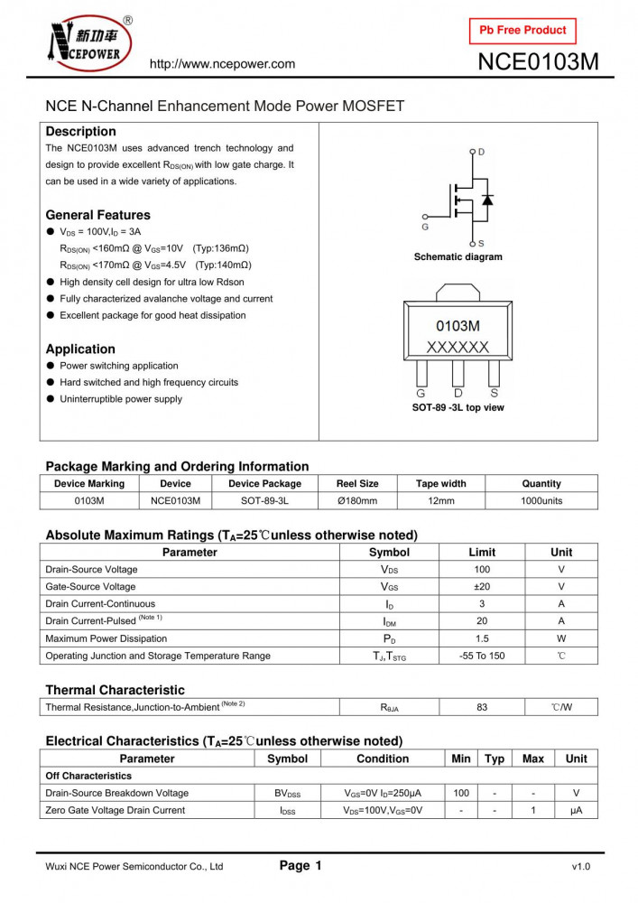 NCE0103M datasheet page 1