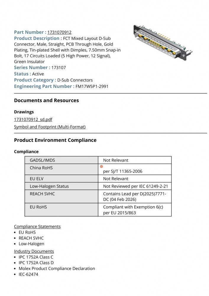 MOLEX 1731070912 technical document preview, page 1