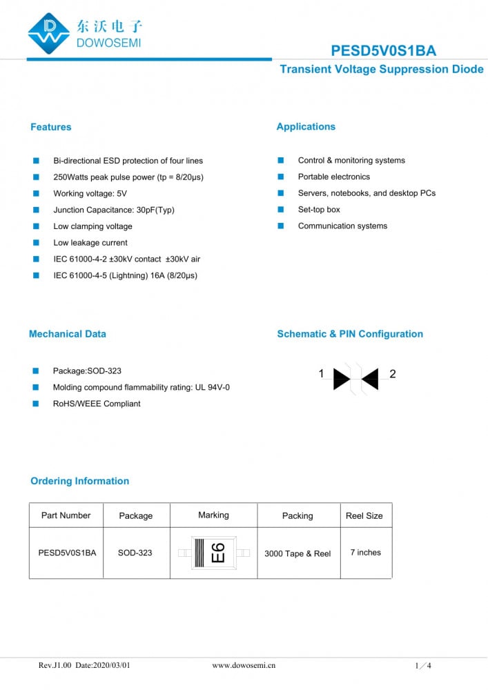 PESD5V0S1BA datasheet page 1