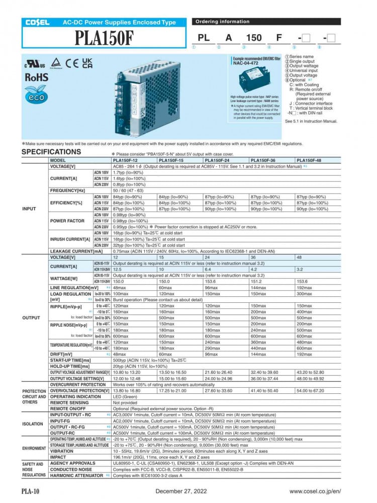 Cosel PLA-series document page 10