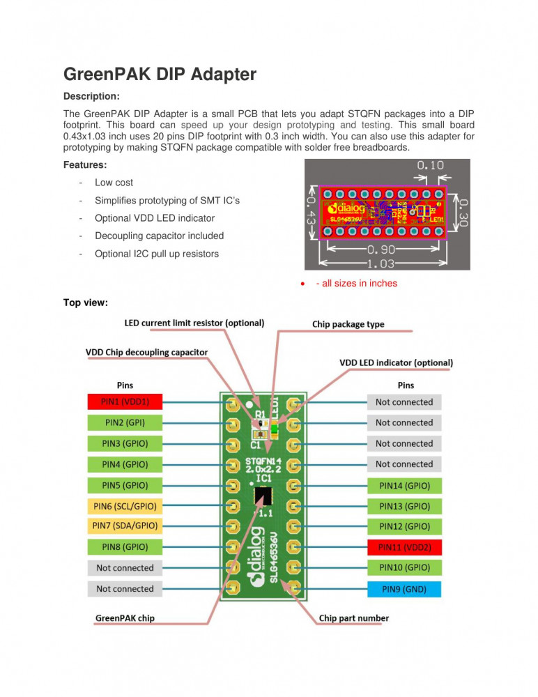 SLG46536V-DIP GreenPAK DIP Adapter documentation page 1