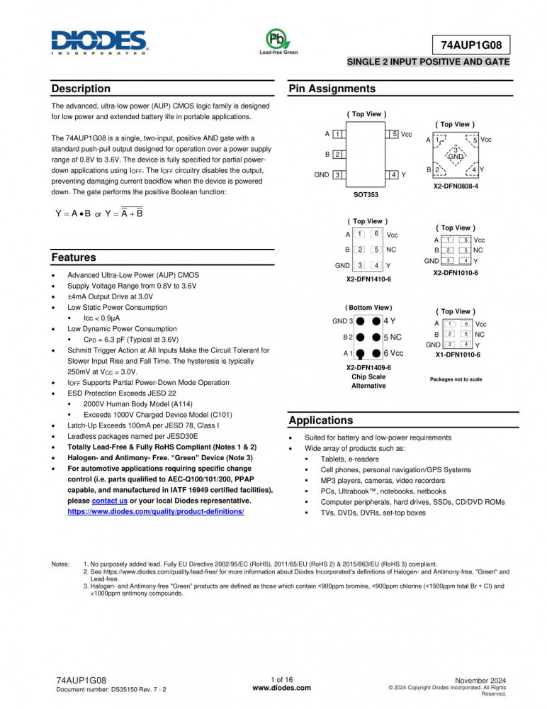 74AUP1G08FW4-7 datasheet page 1
