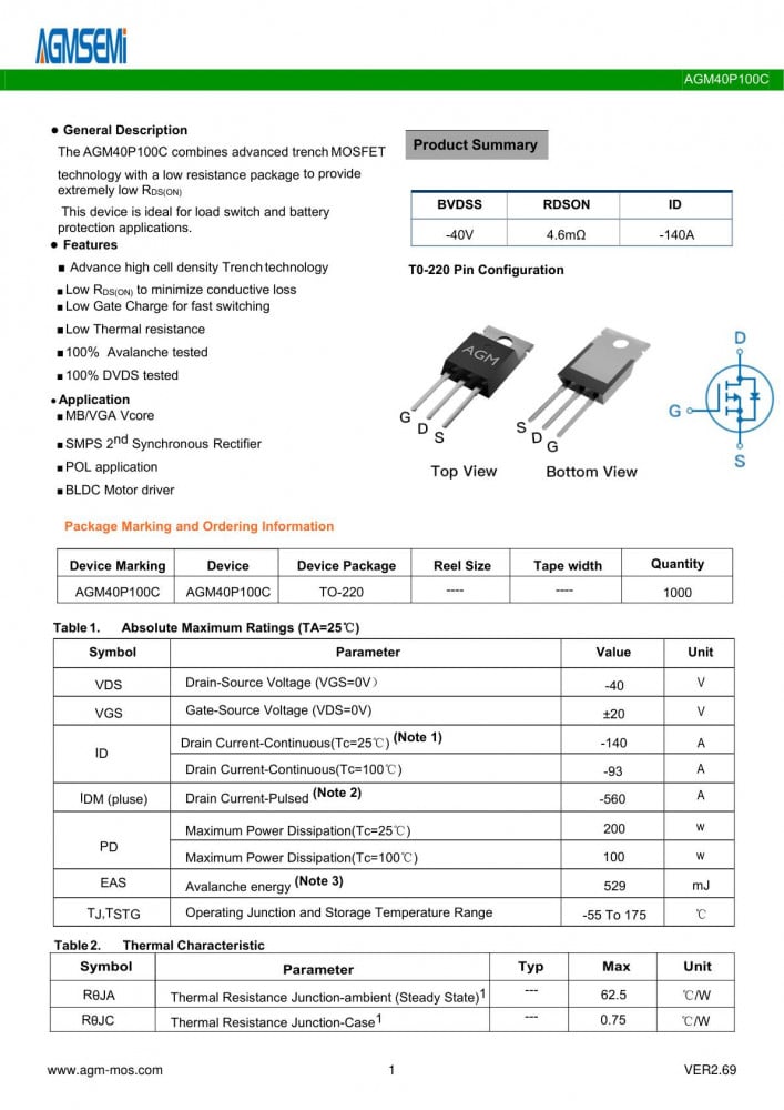 AGM40P100C datasheet page 1