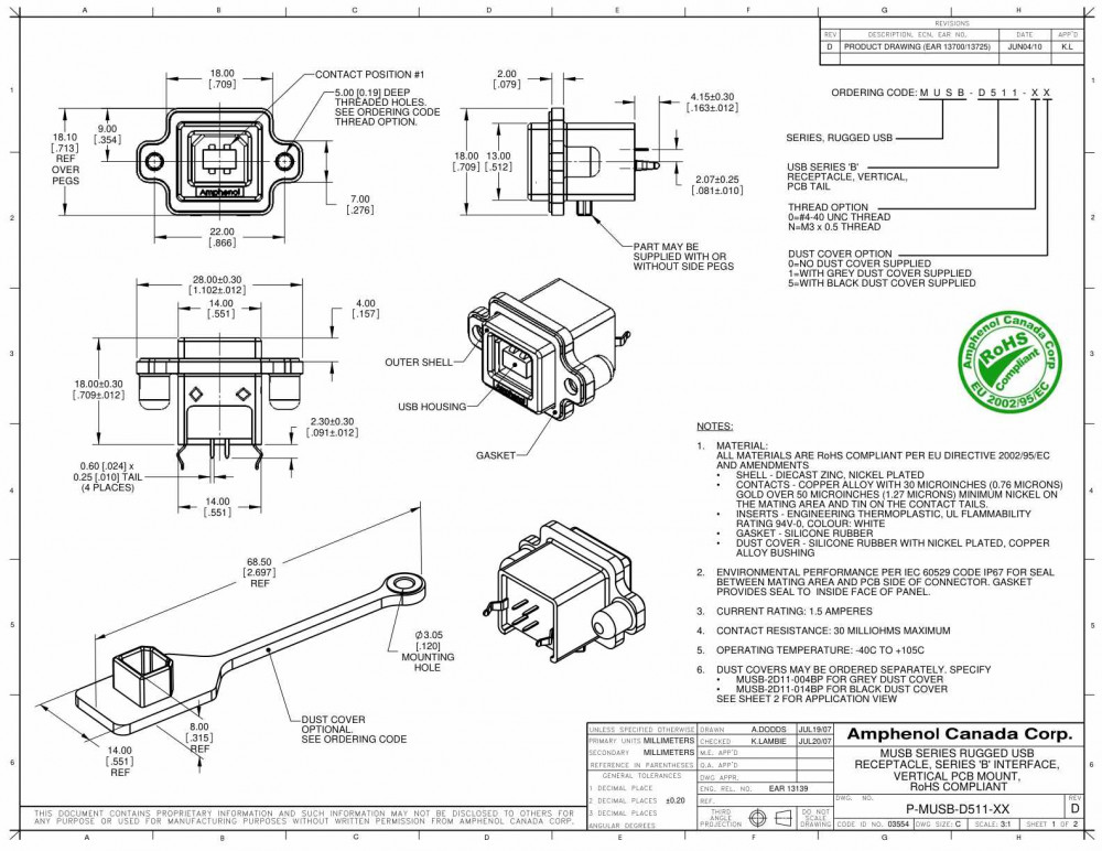 Amphenol MUSBD511N0 product drawing sheet 1