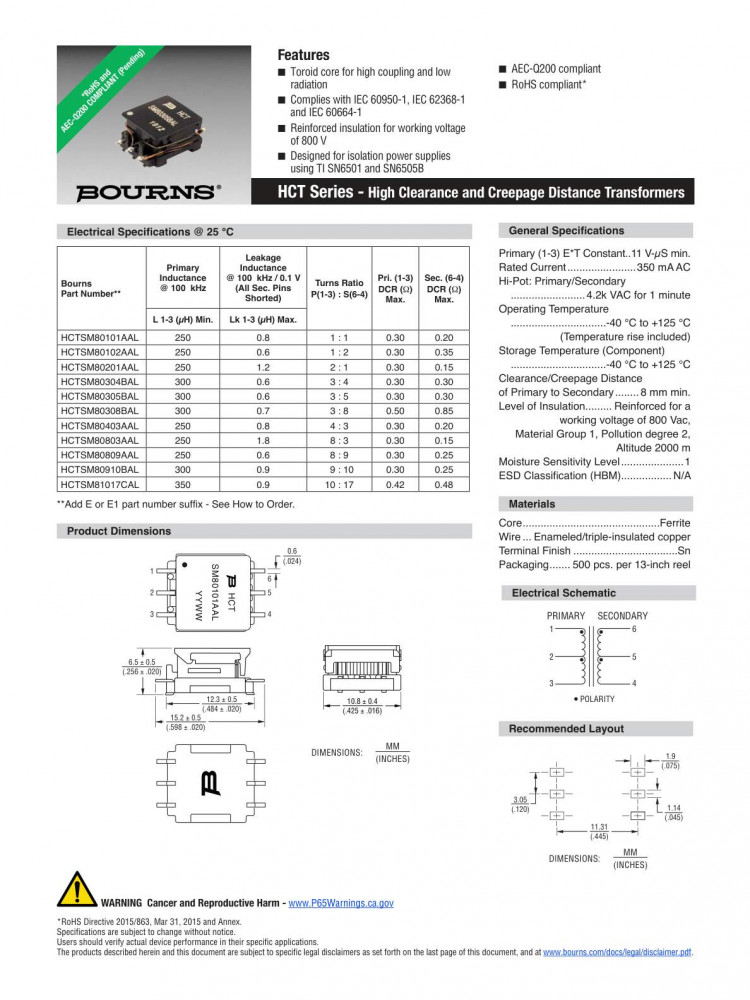 BOURNS HCT series datasheet page 1