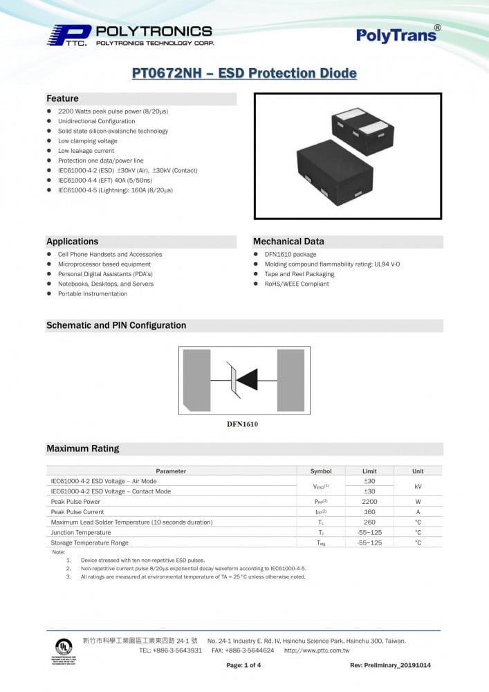 PT0672NH datasheet page 1