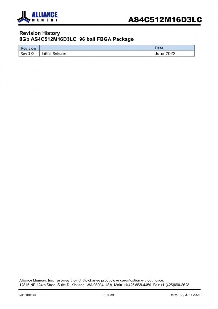 AS4C512M16D3LC-10BIN datasheet page 1