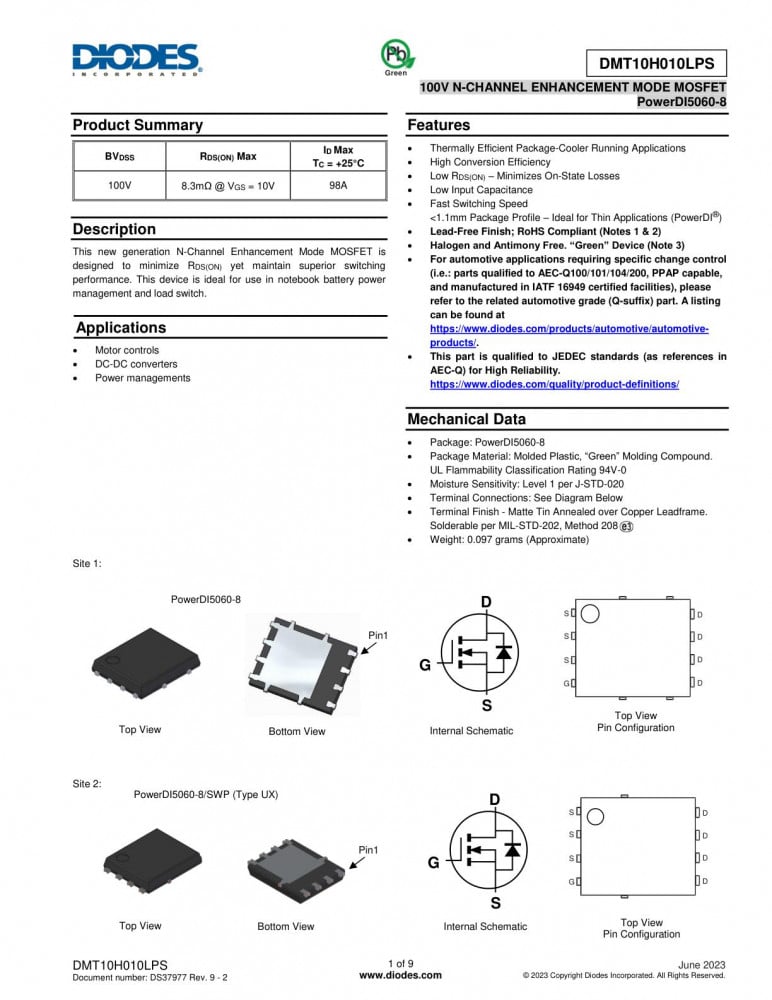 DMT10H010LPS-13 datasheet page 1