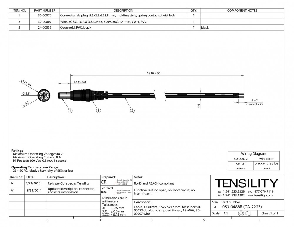 Tensility 053-0488R product drawing showing cable assembly dimensions, wiring information, and ratings