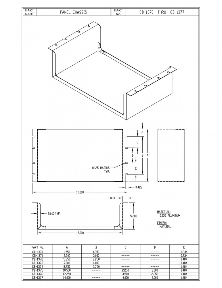 CB-1370 through CB-1377 panel chassis drawing and dimensional schedule
