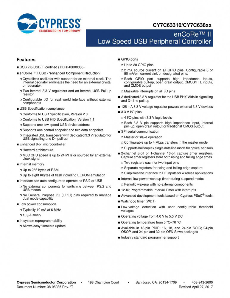 CY7C63833-LTXC documentation page 1