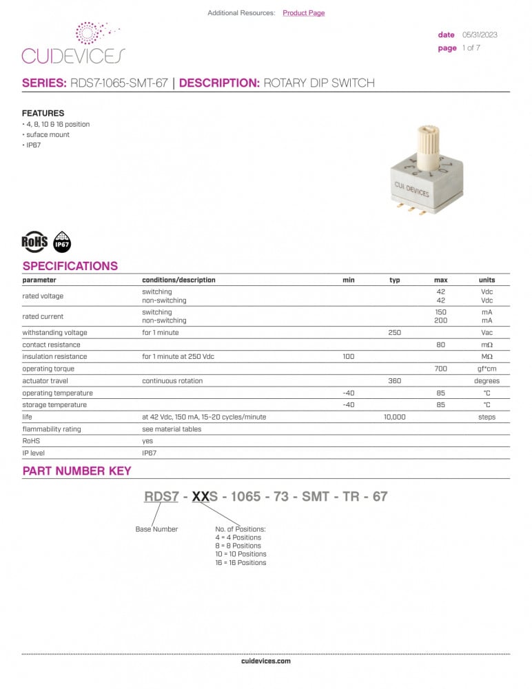 CUI RDS7 product document page 1