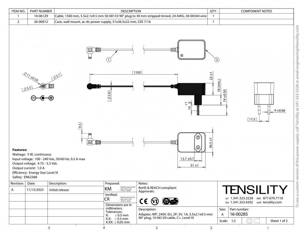 Tensility International 16-00285 adapter drawing and product identification, page 1