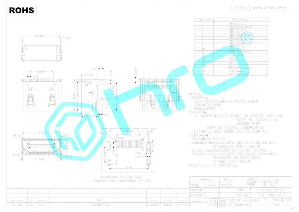 U-H-19DD-W-1 HDMI connector manufacturer drawing
