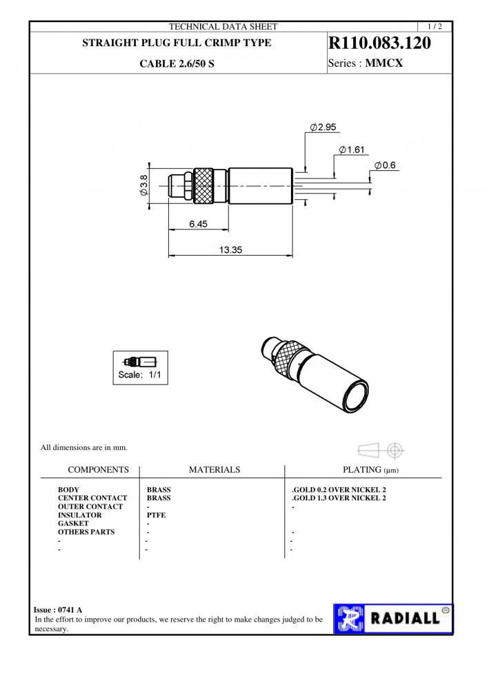 Radiall R110083120 product drawing and technical data, page 1