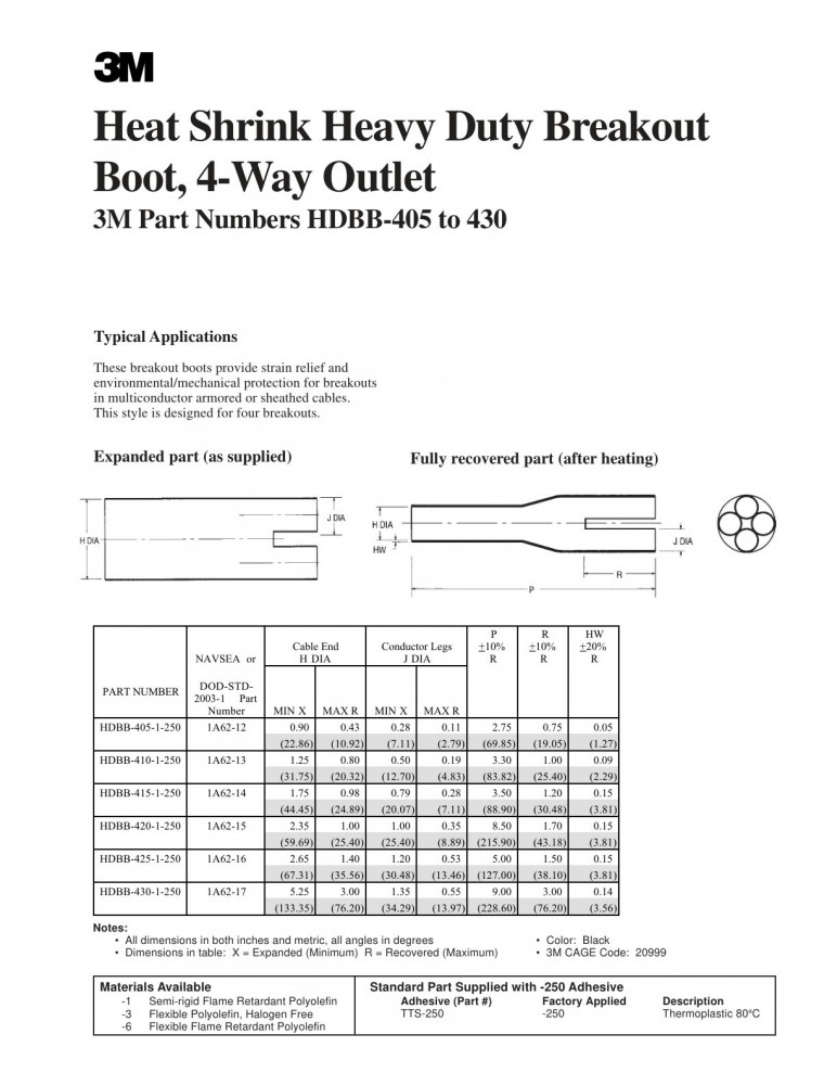 3M HDBB-410-1-250 technical drawing page 1