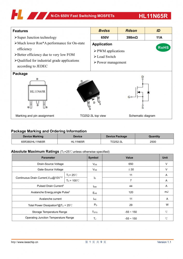 HL 11N65R datasheet page 1