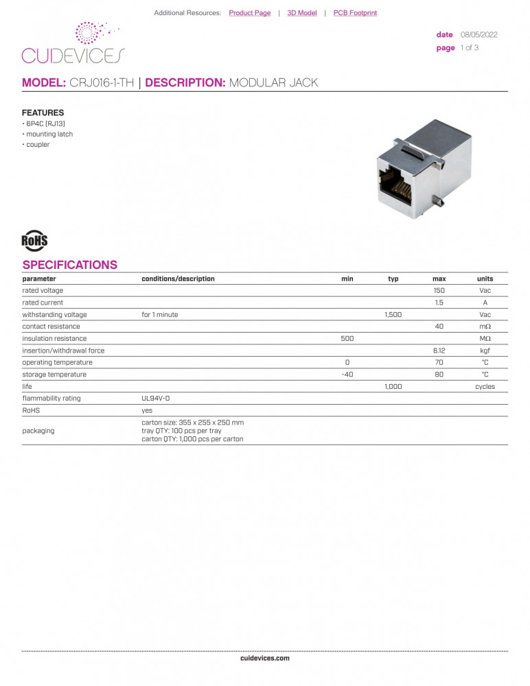 CRJ016-1-TH datasheet page 1