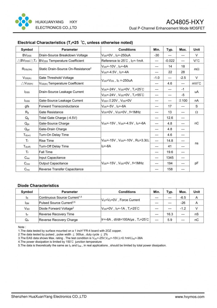 AO4805-HXY datasheet page 2