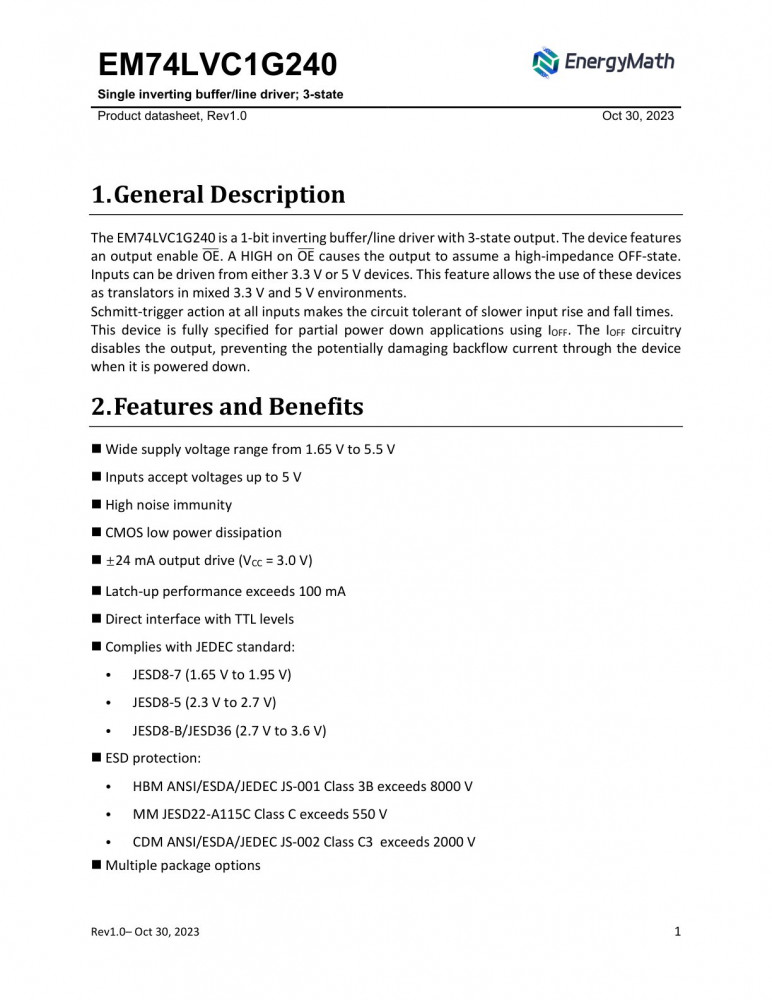 EM74LVC1G240GX datasheet page 1