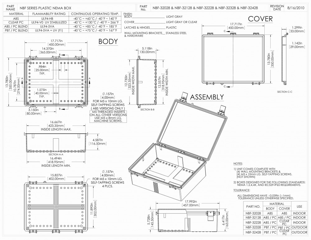 Bud Industries NBF series enclosure drawing showing material and mounting information